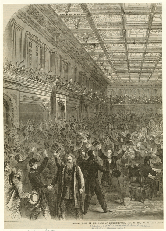 Exciting scene in the House of Representatives, Jan. 31, 1865, on the ...