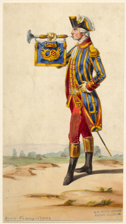 French soldier sounding bugle, 18th century - NYPL Digital Collections