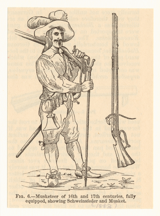 Musketeer of 16th and 17th centuries, fully equipped, showing ...