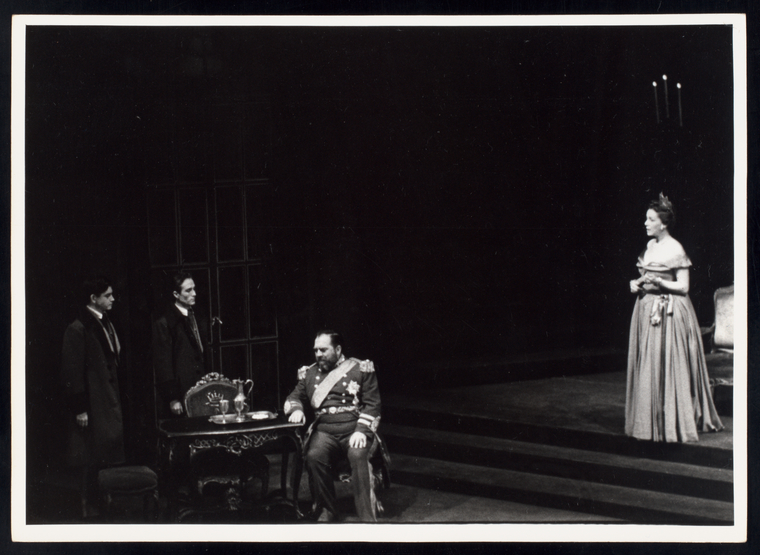 Lili Darvas and unidentified actors in the stage production Hamlet ...