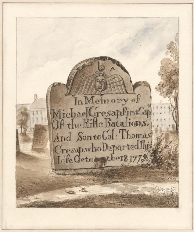 [Gravestone inscribed: "In memory of Michael Cresap, First Capt. of the ...