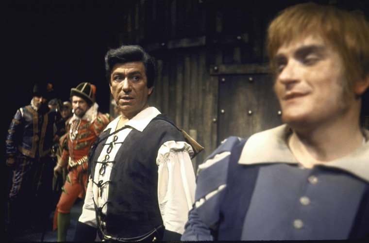 Actor Michael Granger (C) w. cast in a scene fr. the Repertory Theater ...