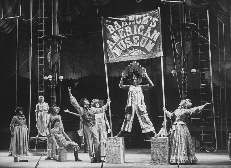 Actors Jim Dale (5R) and Glenn Close (R) as P.T. Barnum and his wife ...