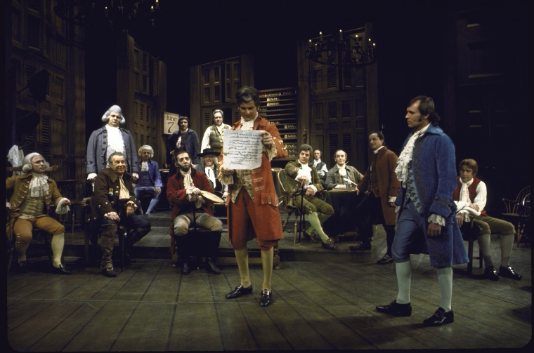 Actors (fr., L-R) Ronald Holgate & David Cryer w. cast members in a ...