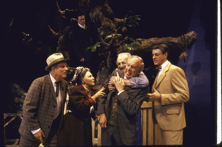 Actors (L-R) Joseph Jamrog, Bette Henritze, Nathan Lane (in tree ...